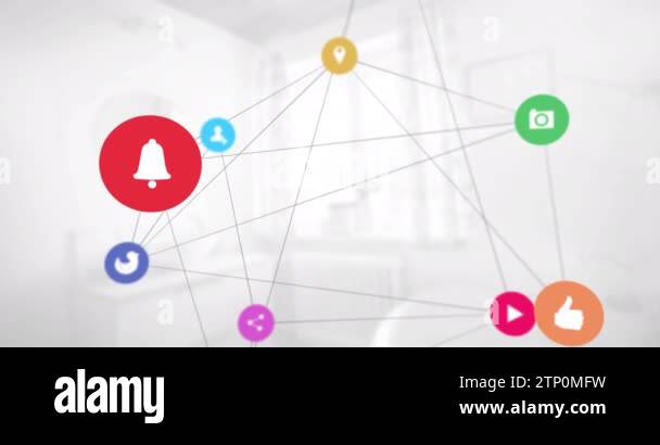 Animation of icons connected with lines over abstract background ...