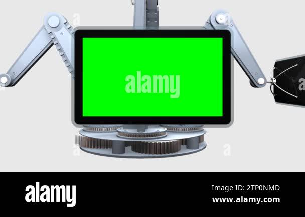 Mechanical arms with tv screens with chroma key background rotating ...