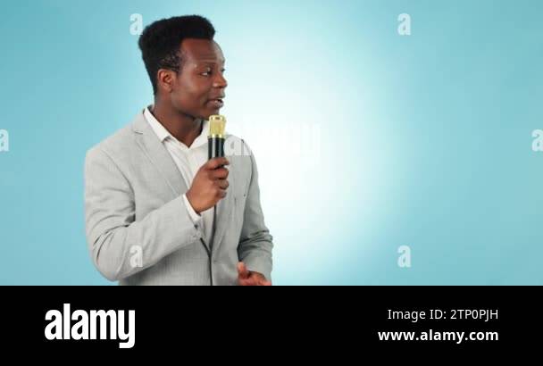 Reporter, news and black man pointing at information, mic with ...