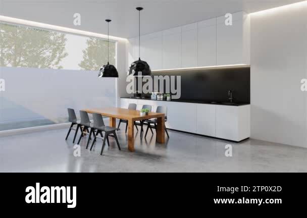 Minimal black and white kitchen animation with dining table. 3D ...