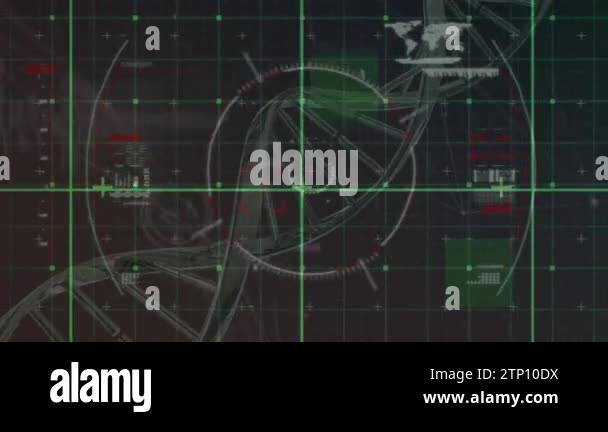 Animation of circles, map, loading bars with rotating dna helix over black background. Digitally ...