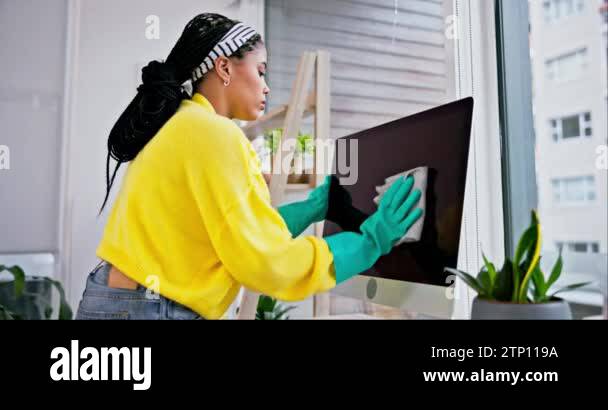 Woman, computer or cleaning screen for dust, wellness or bacteria ...