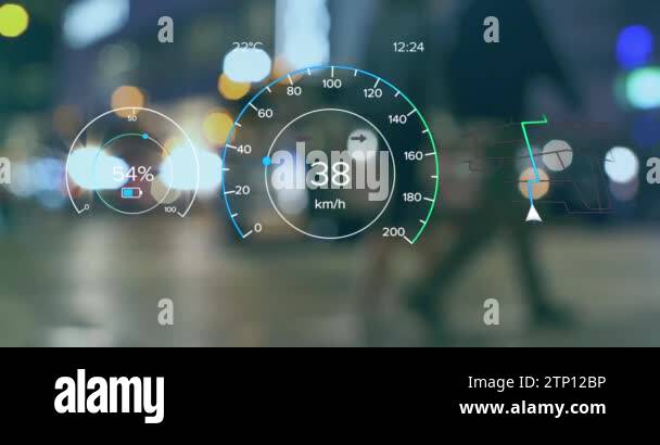 Animation of speedometer, navigation pattern, vehicles stopped on ...