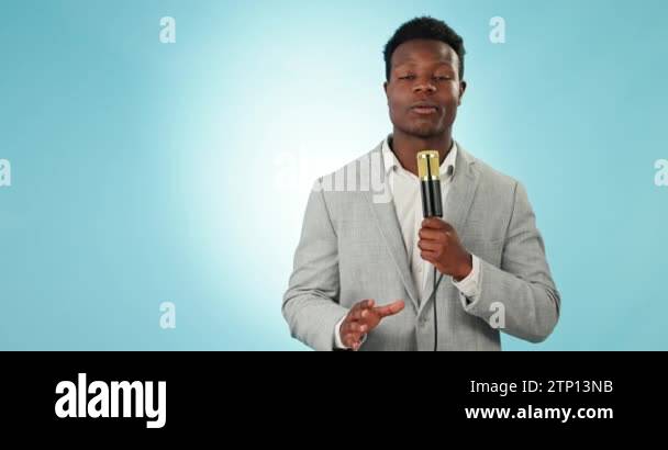 Reporter, news or weather report, black man is pointing at information ...