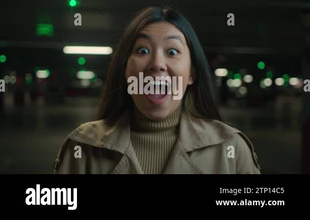 Portrait shocked surprised Asian woman chinese korean japanese happy ethnic girl wonder amazed ...