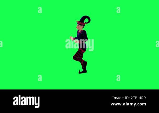 3D animated elf in red blue outfit running at high speed from right ...