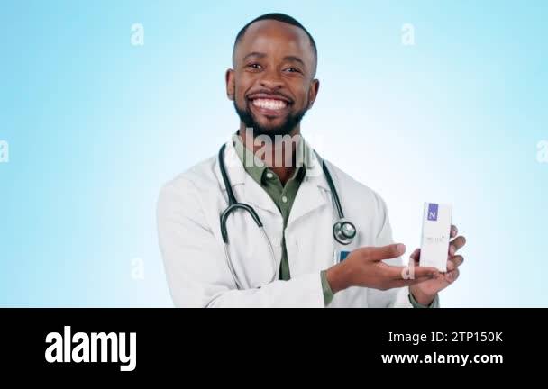 Black man, doctor and pointing to medication, medicine or product in advertising against a ...