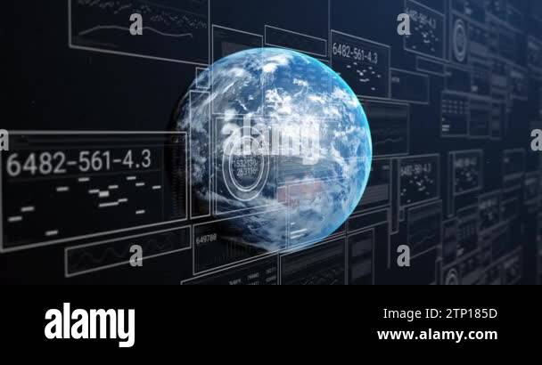 Animation of multiple graphs, loading circles and bars with changing numbers over rotating globe ...