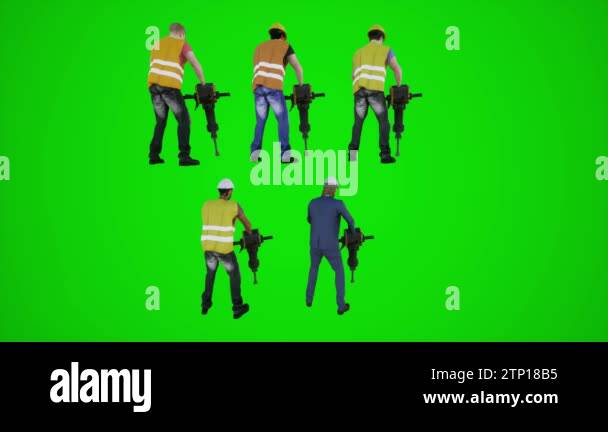 3d green screen construction workers digging the ground with hole ...