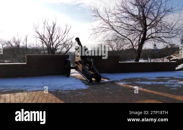 Camera movement around an old powder cannon. Medieval weapons in a ...