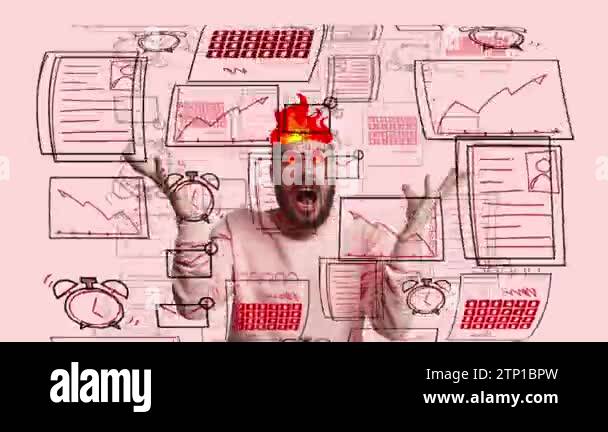 Burning head. Man, employee feeling stressful and angry, having too ...