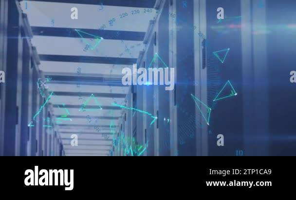 Animation of triangles, numbers around circles and computer language over server room. Digital ...