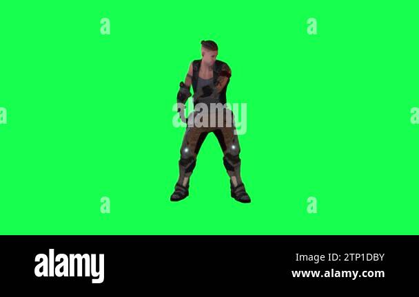 3D zombie warrior man pulls out his gun and shoots from opposite angle ...