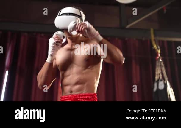 Boxer training utilizing VR technology or virtual reality, wearing VR ...