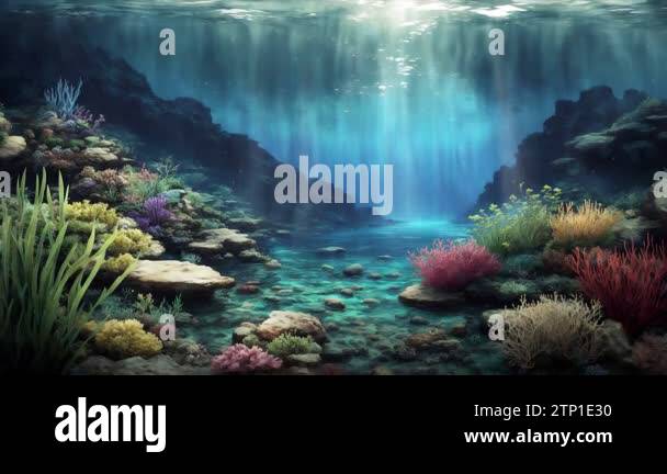 Tranquil underwater scene with colorful marine plants and coral reef in ...