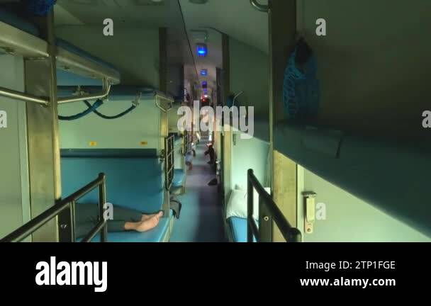 Inside interior of a sleeper class coach of the Indian railway high ...