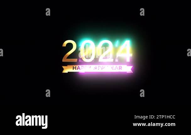 Happy New Year 2024 golden text with light motion glitch cyber punk ...