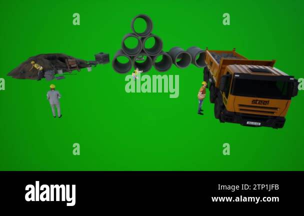 3D animation of construction workers working in a green screen building ...