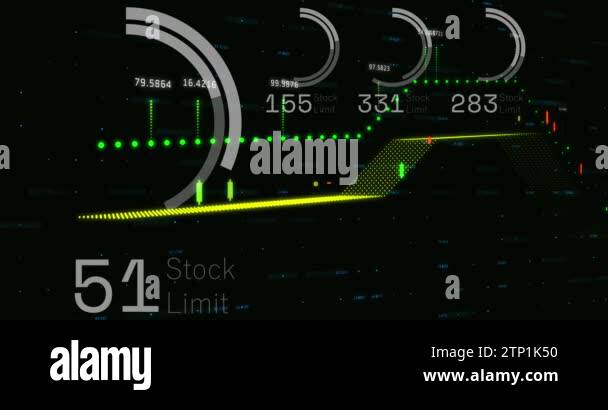 Animation of changing numbers with loading circles over graphs over black background. Digitally ...