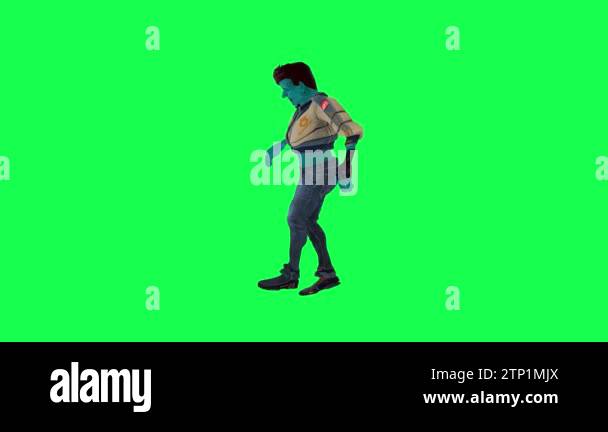Space animated blue man in blue and white suit dancing from right angle ...
