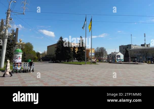 Ukraine, Rivne- May, 2023: The central square of the city of Rivne with ...
