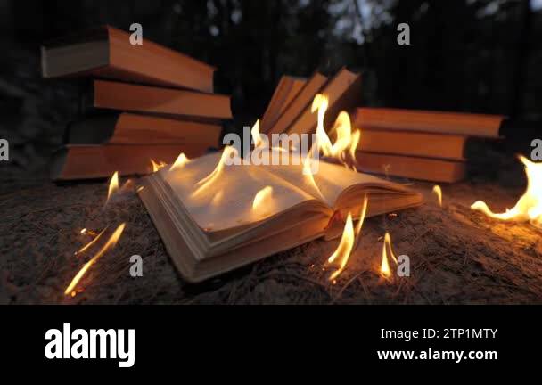 An open book is on fire. Big bright flame, burning paper on old ...