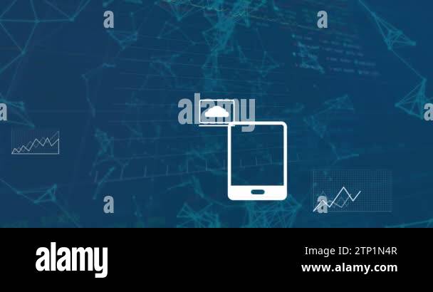 Animation of multiple icons, graphs and trading boards and connected icons over abstract ...