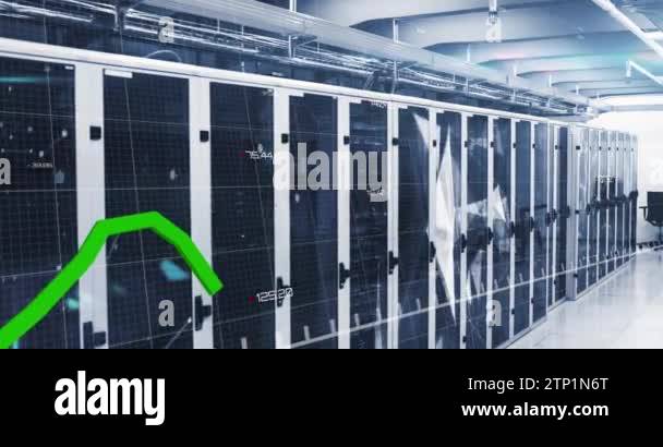 Animation of graphs, changing numbers over connected dots on data server racks in server room ...