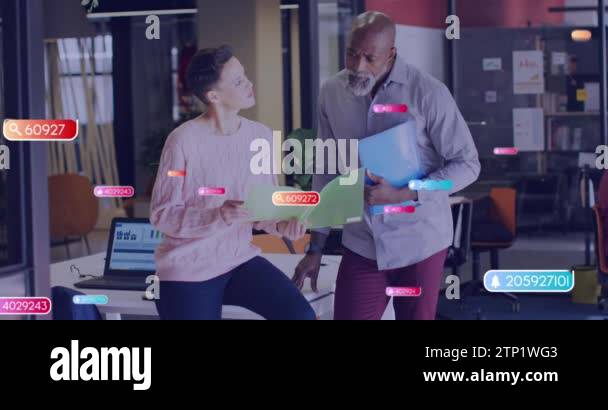 Animation of numbers and icons in notification bars, diverse coworkers ...