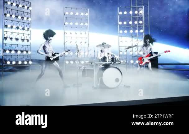 Alien rock party on space ship. Concert. Guitar, bass and drum play ...