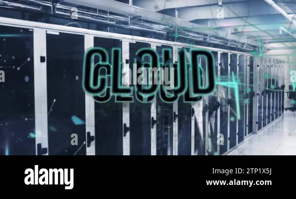 Animation of cloud text in cloud over connected dots on data server ...