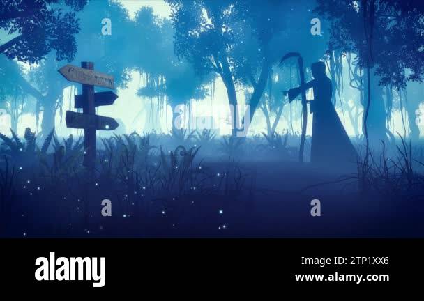 Mysterious autumn forest with Grim Reaper silhouette and magic ...