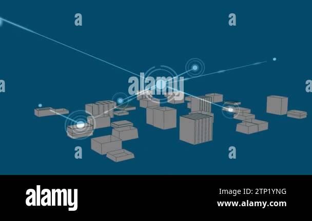 Animation of connected dots over 3d rotating model of cityscape against ...