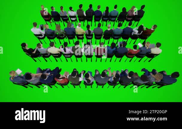 3D animation of citizens watching a movie in the cinema from a high ...