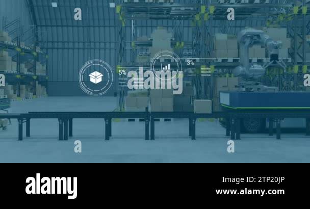 Animation of icons with data processing over conveyor belt and robotic ...