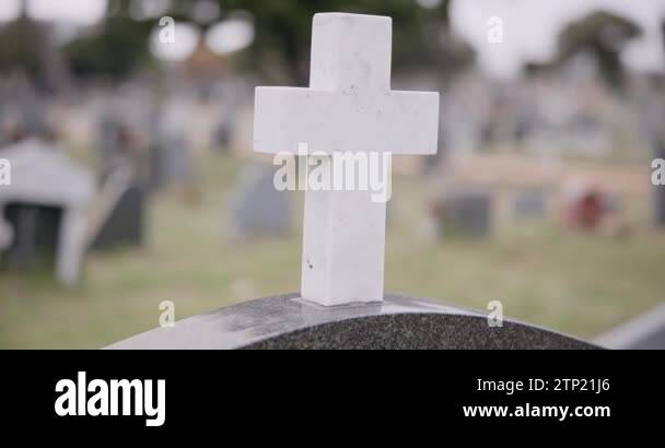 Funeral, graveyard and cross on tombstone for death ceremony, religion ...