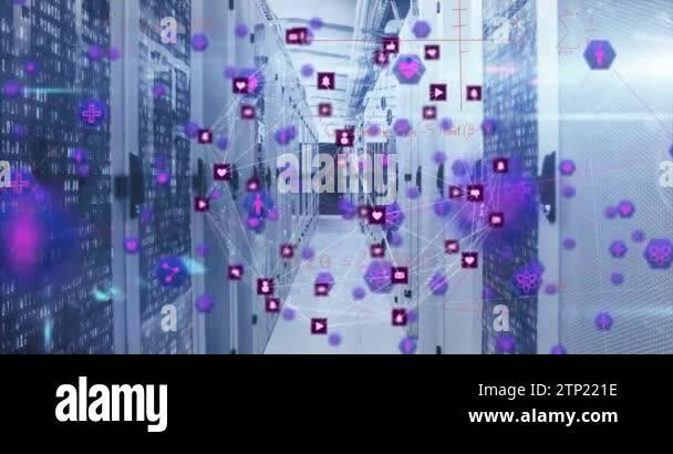 Animation Of Icons And Connected Icons Forming Globe Over Binary Codes On Data Server Racks