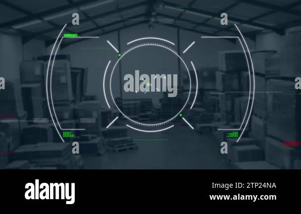 Animation of glitch effect and scope scanning against warehouse. Computer interface and ...