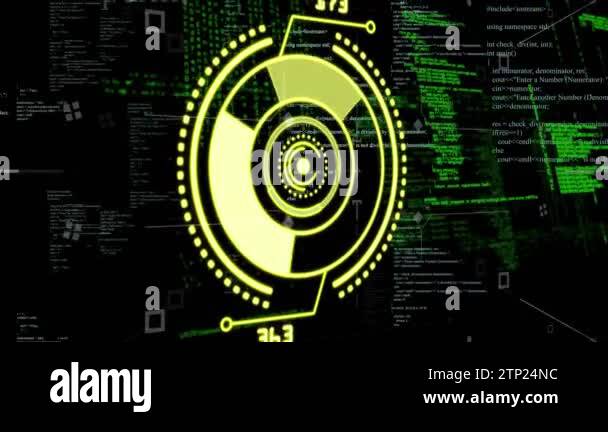 Animation of round scanner and data processing against black background. Computer interface and ...