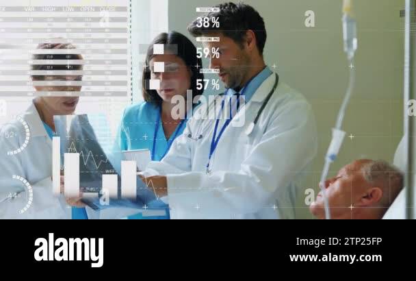 Animation of infographic interface over diverse doctors discussing patients x ray reports ...