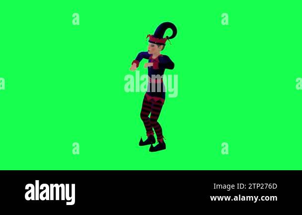 3D animated clown elf in red blue dress cheering friends and dancing ...