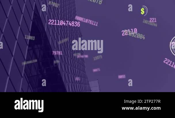 Animation of multiple changing numbers and dollar symbols against low angle view of tal building ...