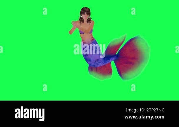 Amazing magical mermaid playing flute from opposite angle on green screen 3D people walking ...