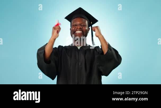 Graduation celebration, education and studio black man excited for ...