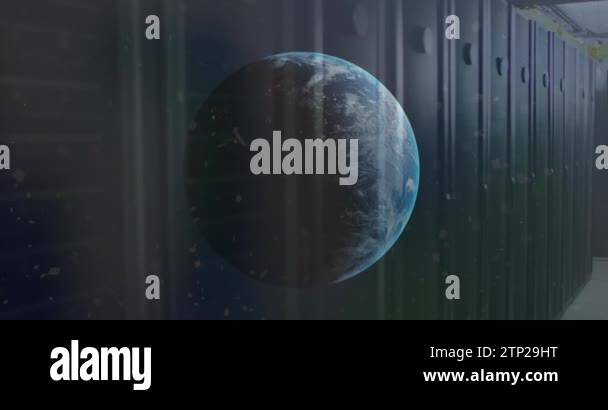 Animation of snowfall and rotating globe over data server racks in server room. Digital ...