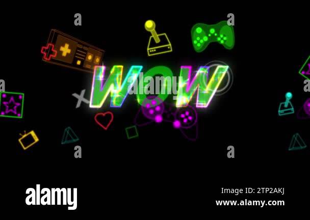 Animation of wow text banner and neon video game controller icons against black background ...