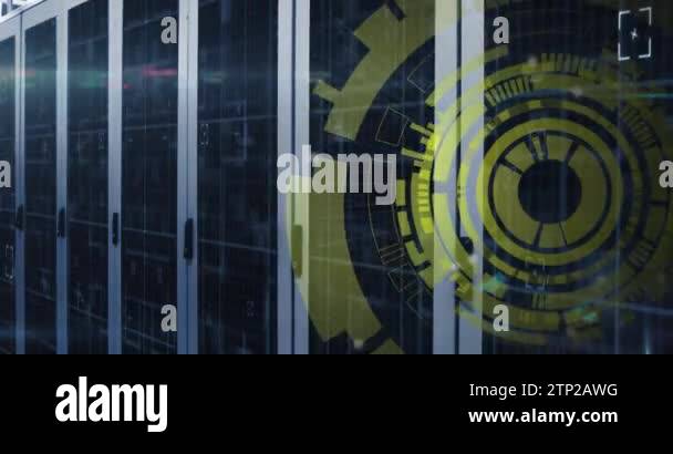 Animation of loading circles and viewfinders with lens flares over server racks in server room ...
