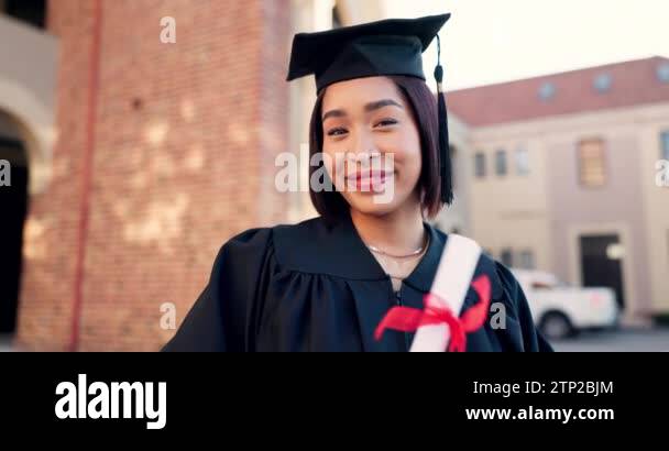 Graduate, face and woman smile with diploma, certificate and school ...