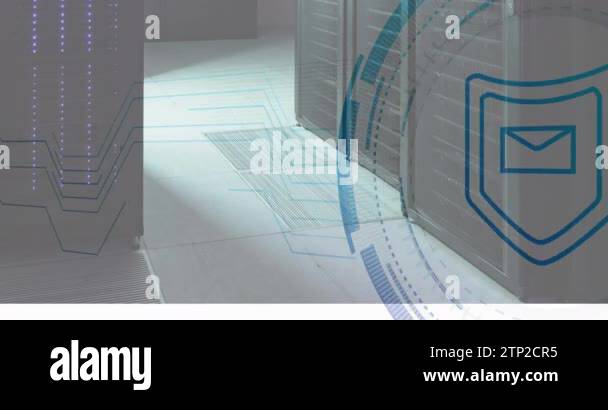 Animation of envelope and shield in loading circles over server room ...