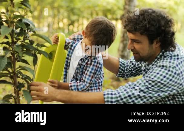 Portrait of a boy and his dad watering a tree. Dad helps his son. Happy ...